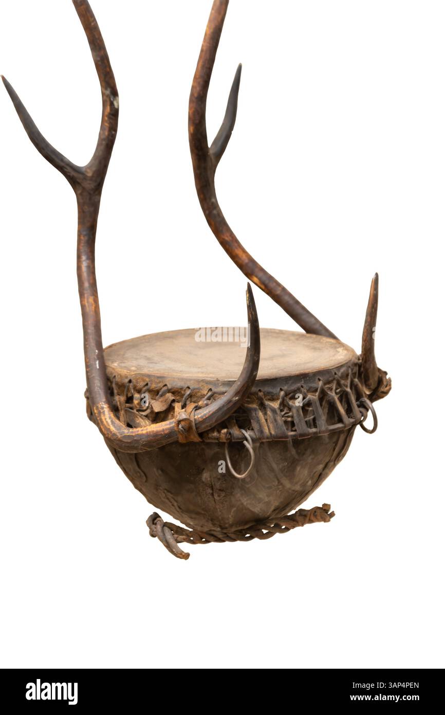A Tumudu dhol from Phulbani. The drum is adorned with deer antlers ...