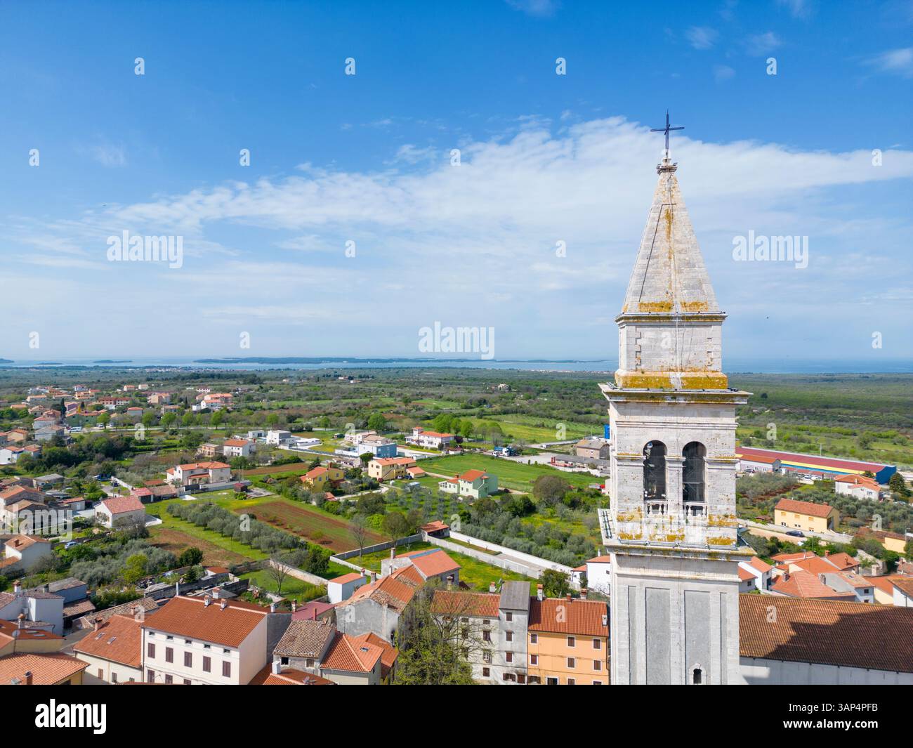 Aerial view of Vodnjan bell tower's church in Vodnjan small town in ...