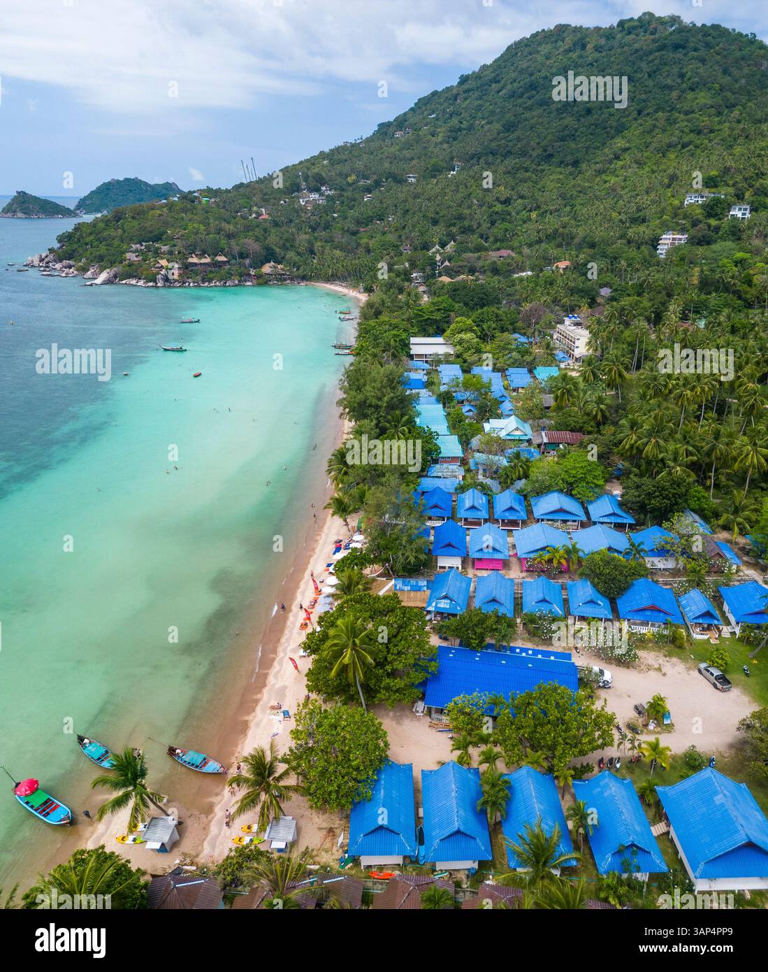 Aerial view of longtail boat and pool on Sairee beach on Ko Tao island ...