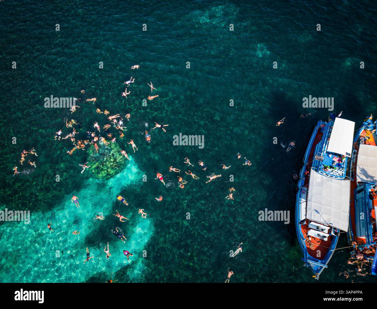 Aerial view of person snorkeling and swimming in transparent sea on ...