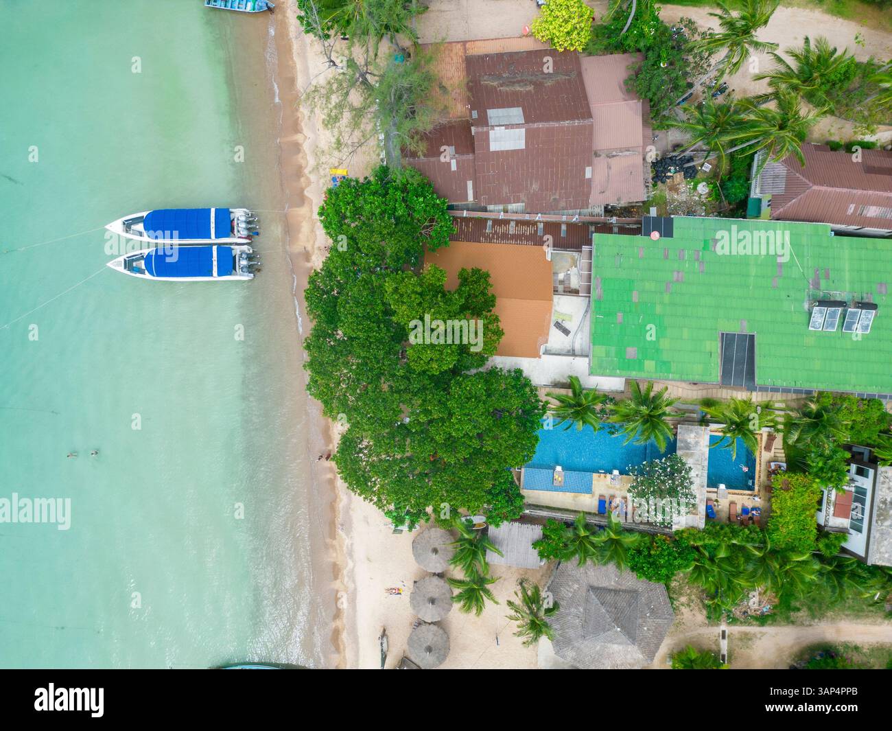 Aerial view of longtail boat and pool on Sairee beach on Ko Tao island ...