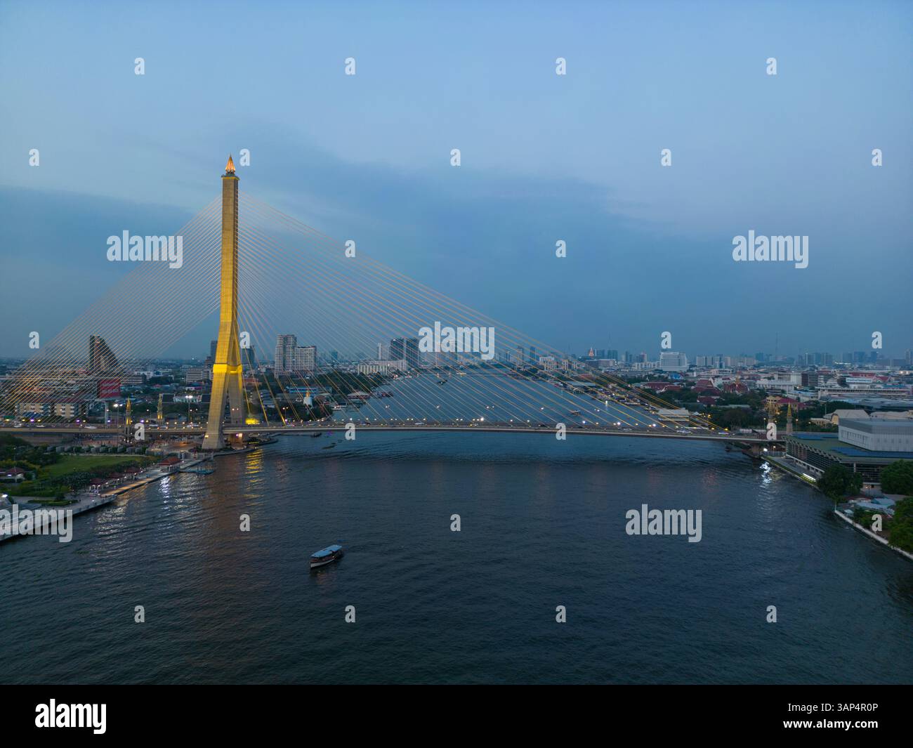 Aerial view of The Rama VIII Bridge, a cable-stayed bridge crossing the ...