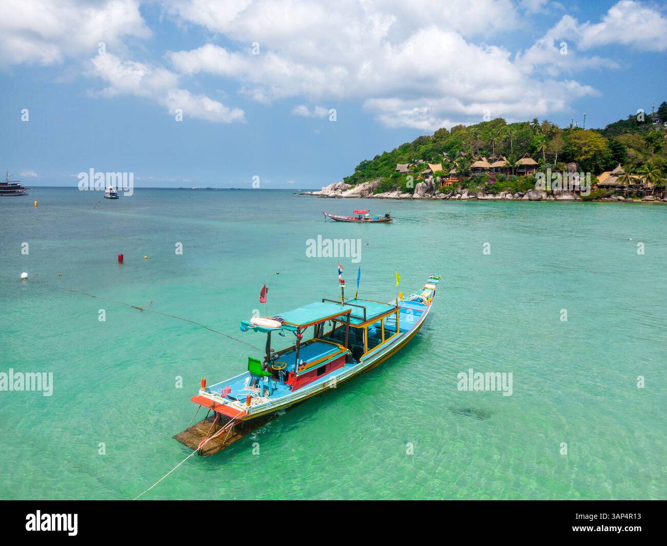 Aerial view of longtail boat on Sairee beach on Ko Tao island, Thailand ...