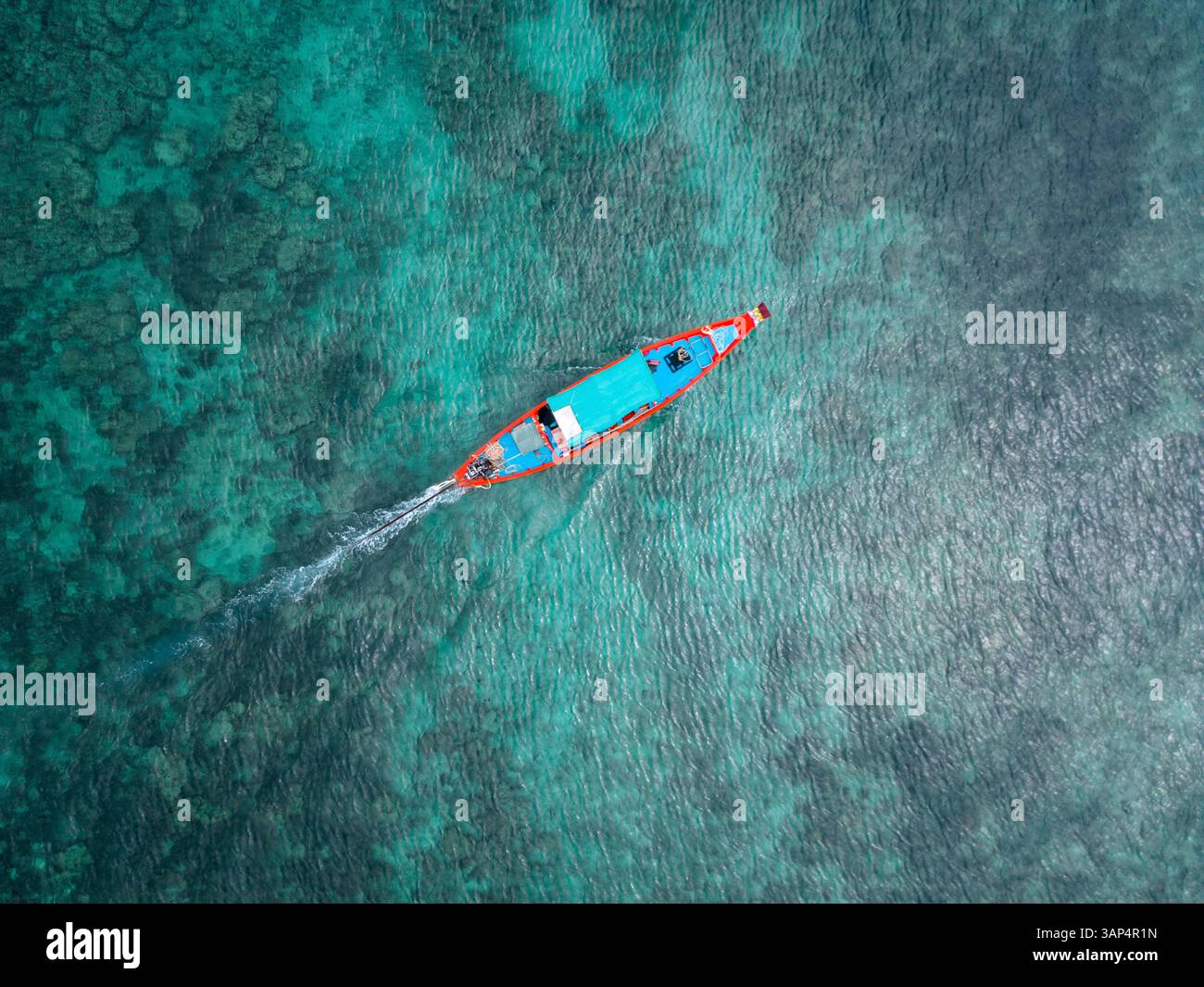 Aerial view of longtail boat on Sairee beach on Ko Tao island, Thailand ...