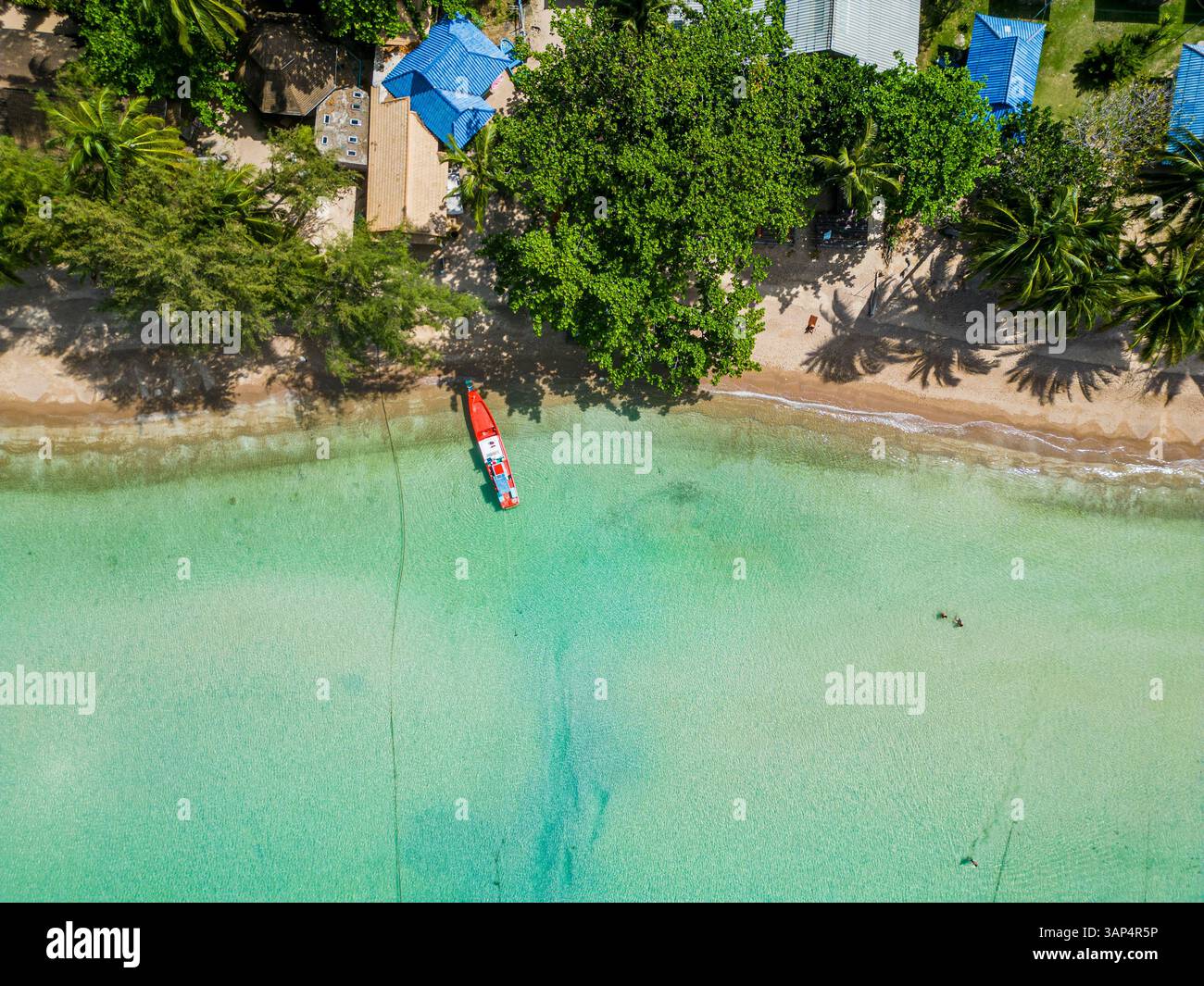 Aerial view of longtail boat on Sairee beach on Ko Tao island, Thailand ...