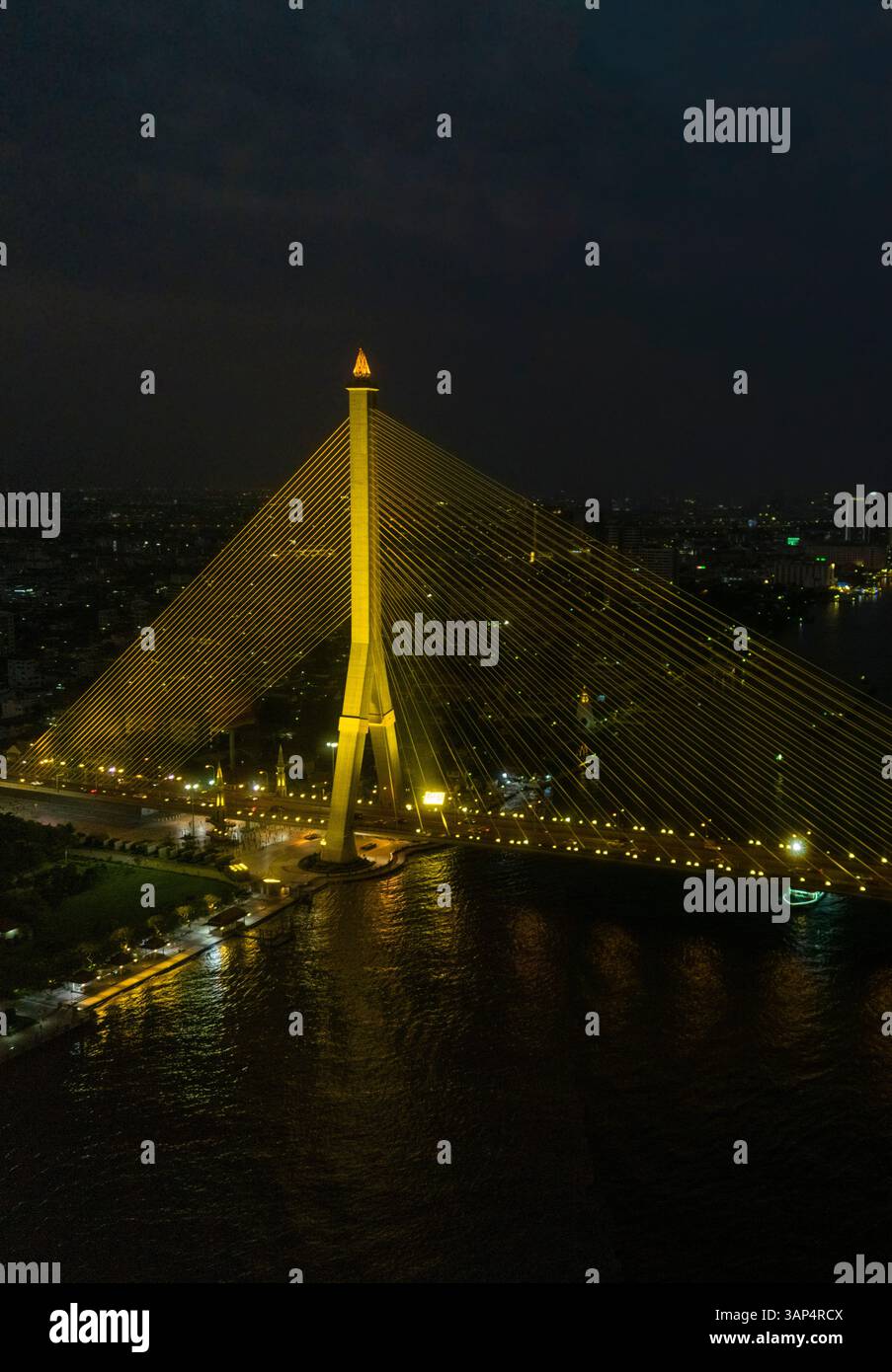 Aerial view of The Rama VIII Bridge, a cable-stayed bridge crossing the ...