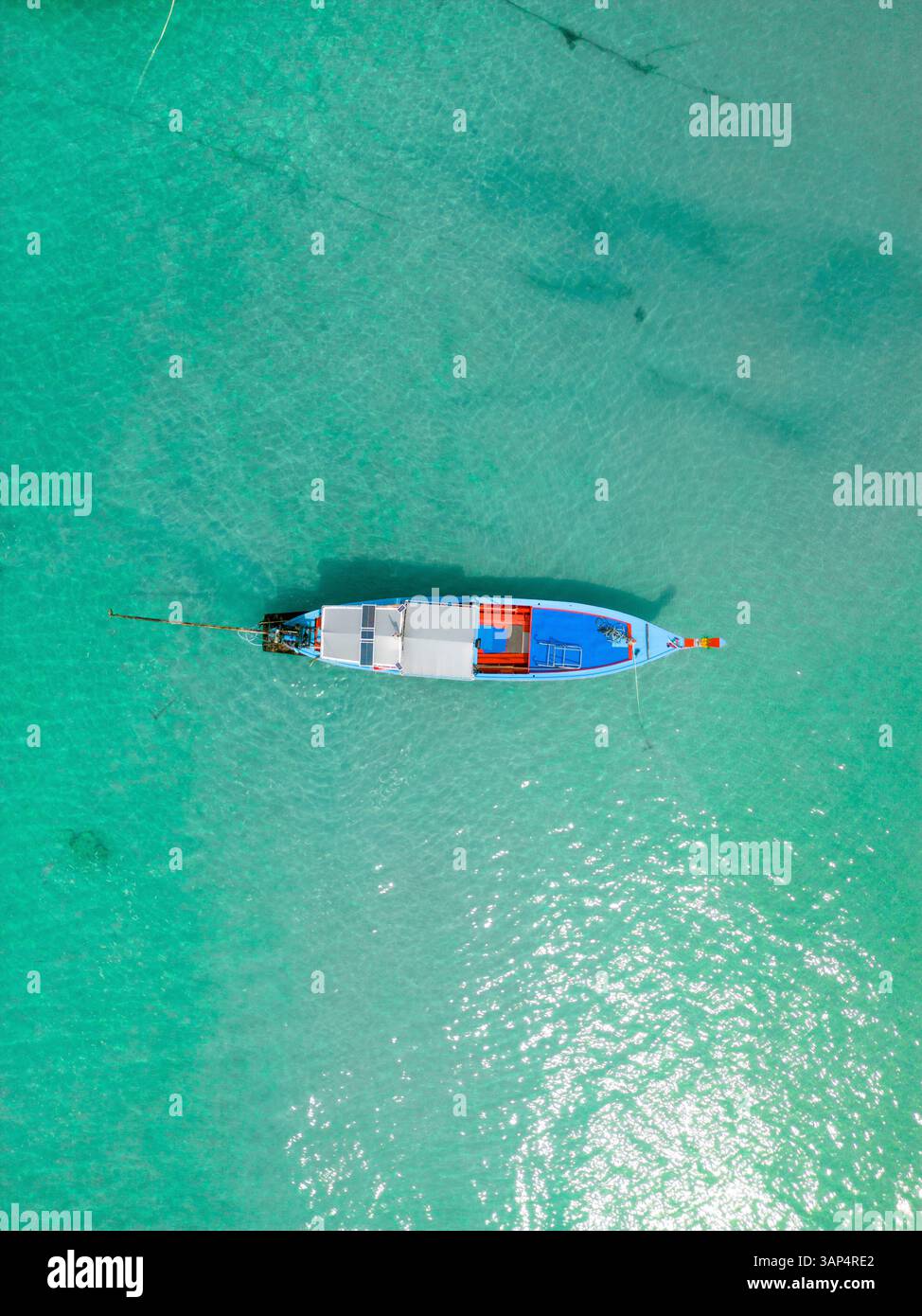 Aerial view of longtail boat on Sairee beach on Ko Tao island, Thailand ...