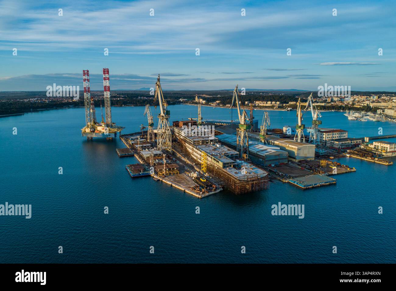 Aerial view of Pula harbour with harbour and shipyard, Pula, Istria ...