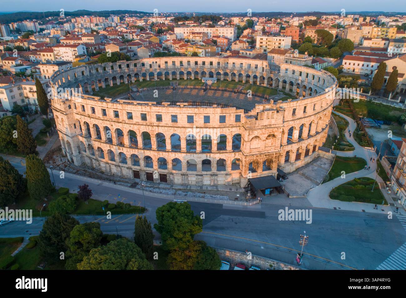 Aerial view of Pula arena and amphitheater in Pula old town, Croatia ...