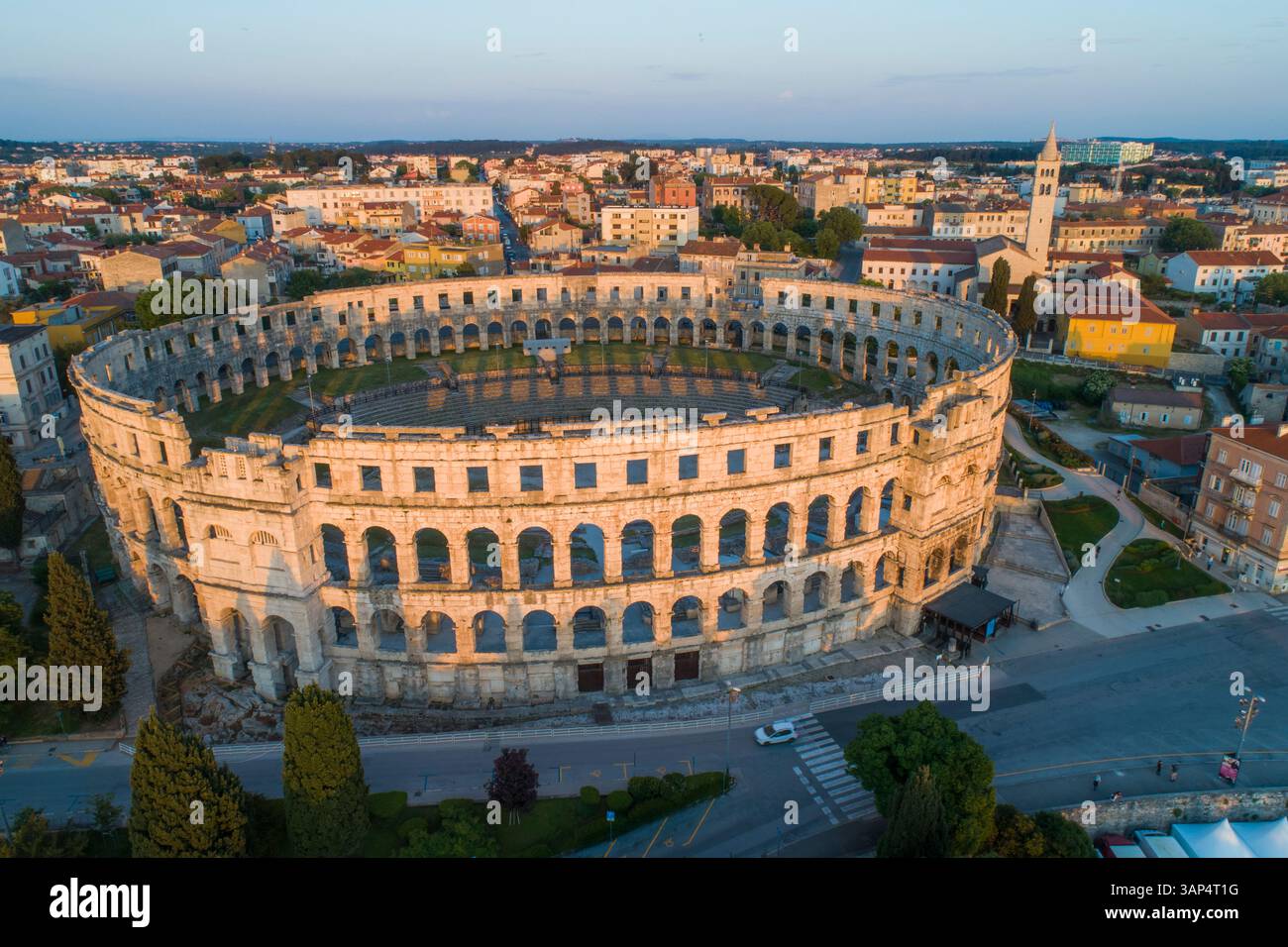 Aerial view of Pula arena and amphitheater in Pula old town, Croatia ...