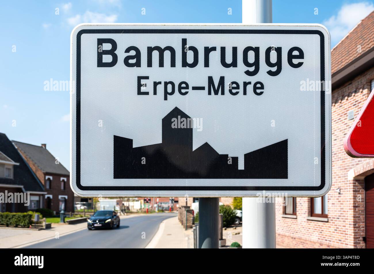 Raod sign of the village of Bambrugge, part of Erpe Mere, East Flemish Region, Belgium, April 9 ...