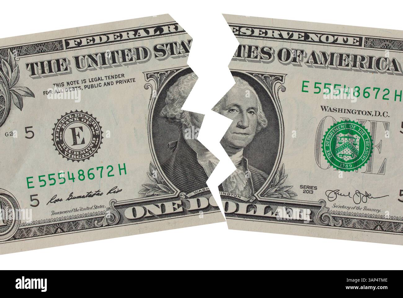 Close up of US One Dollar bill torn in half isolated on white ...