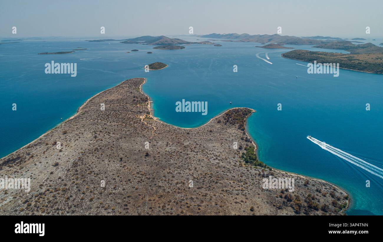 Panoramic aerial view of Lavdara Island, a beautiful island along the ...