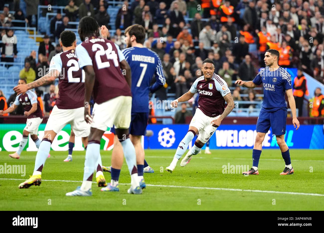 Aston Villa's Ezri Konsa (centre) celebrates scoring their side's third ...