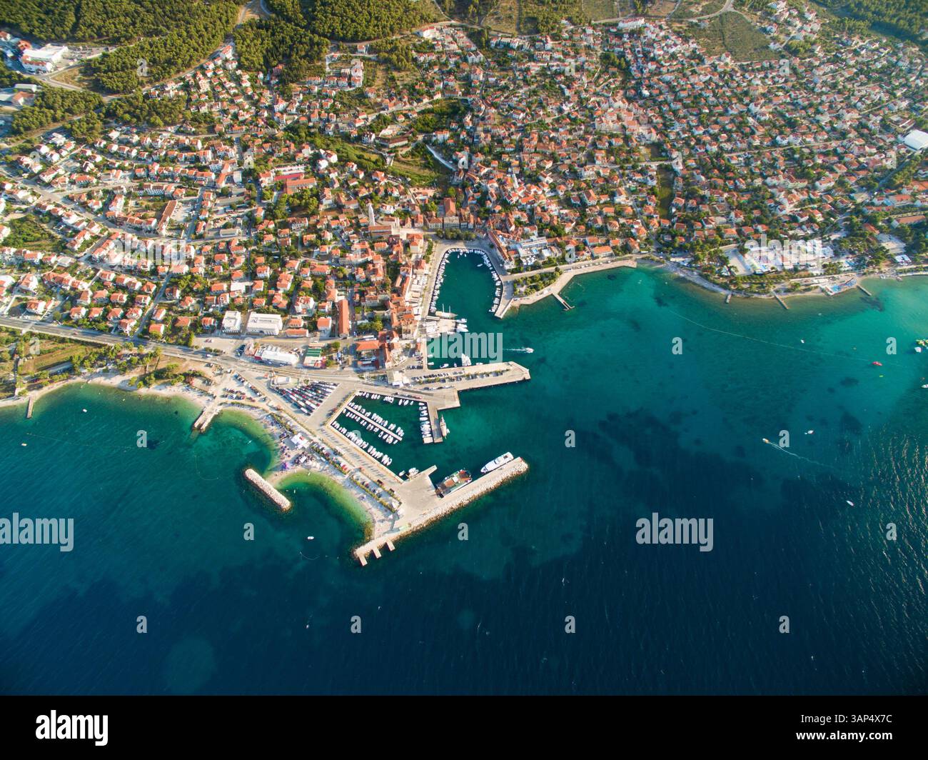 Aerial view of the harbour of Supetar, on the island of Brac, Croatia ...