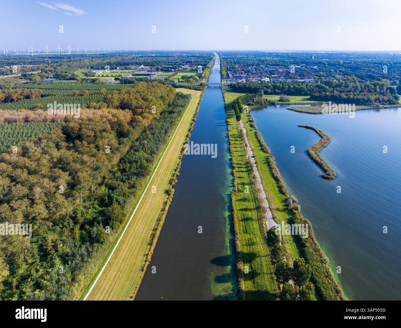 Aerial view of canal Hoge Vaart between forest Vaartsluisbos and lake ...