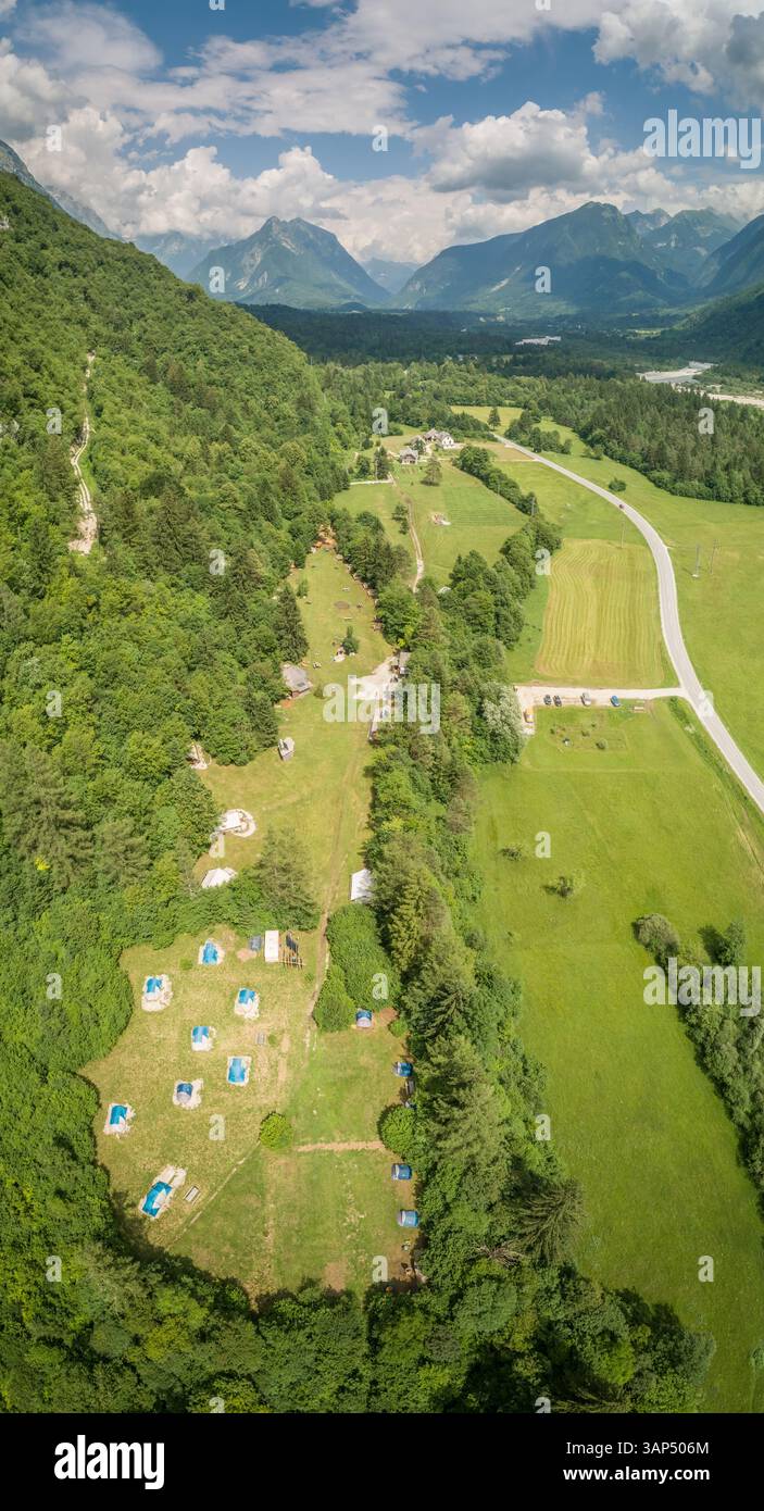 Aerial view of eco camp in Soca valley region Stock Photo - Alamy