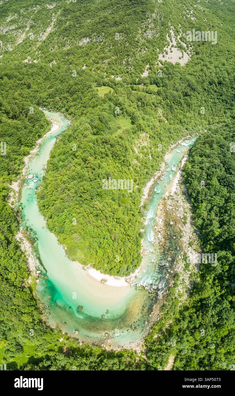 Aerial view of Soca river bend in Soca valley in Slovenia Stock Photo ...