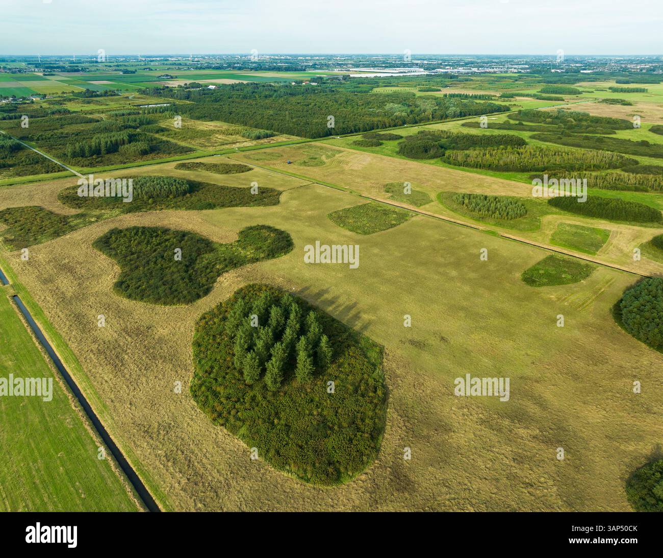 Aerial view of pieces of forest and grassland in the playfully laid out ...