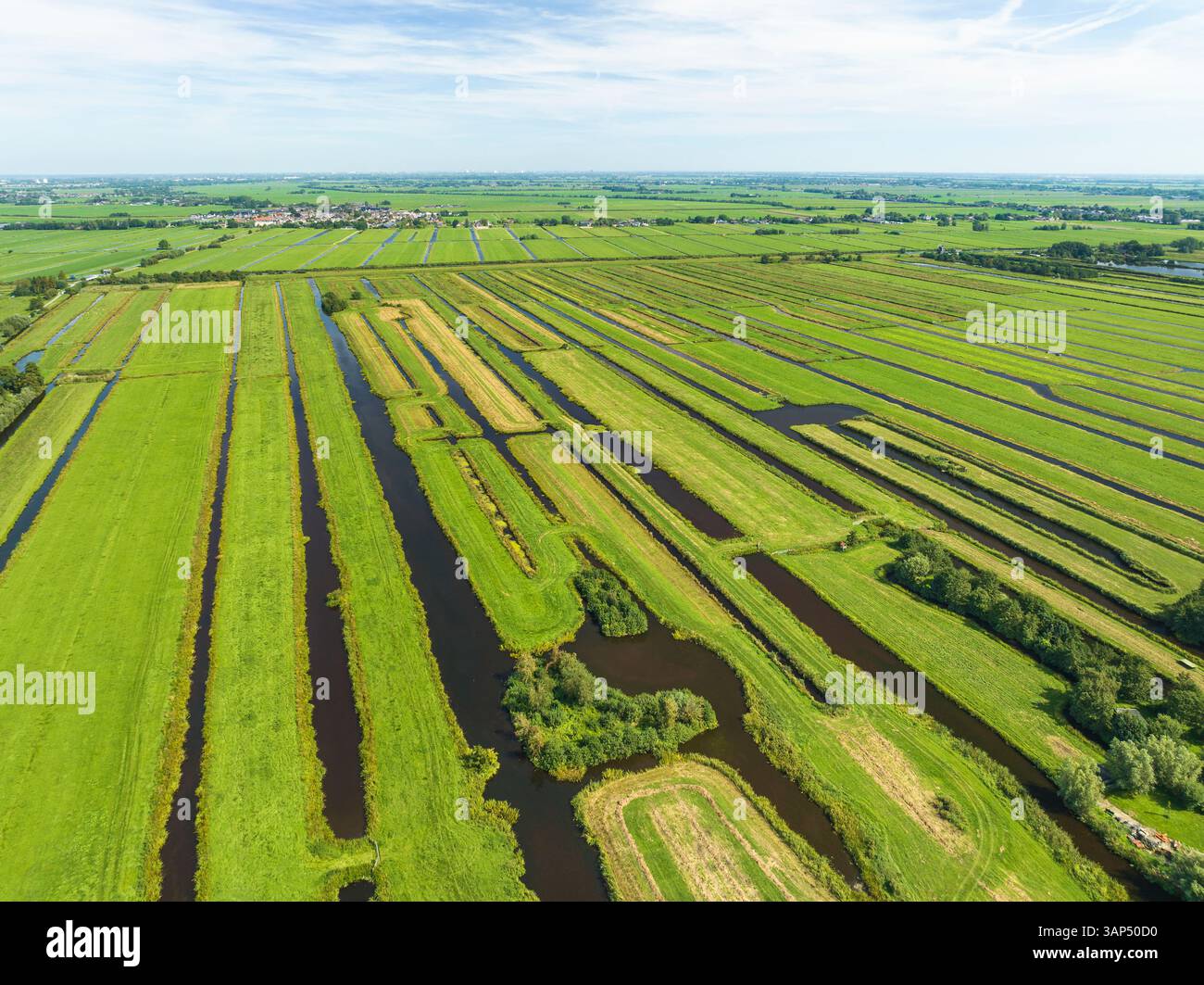 Aerial view of peat meadow area and nature reserve Polder Oukoop en ...