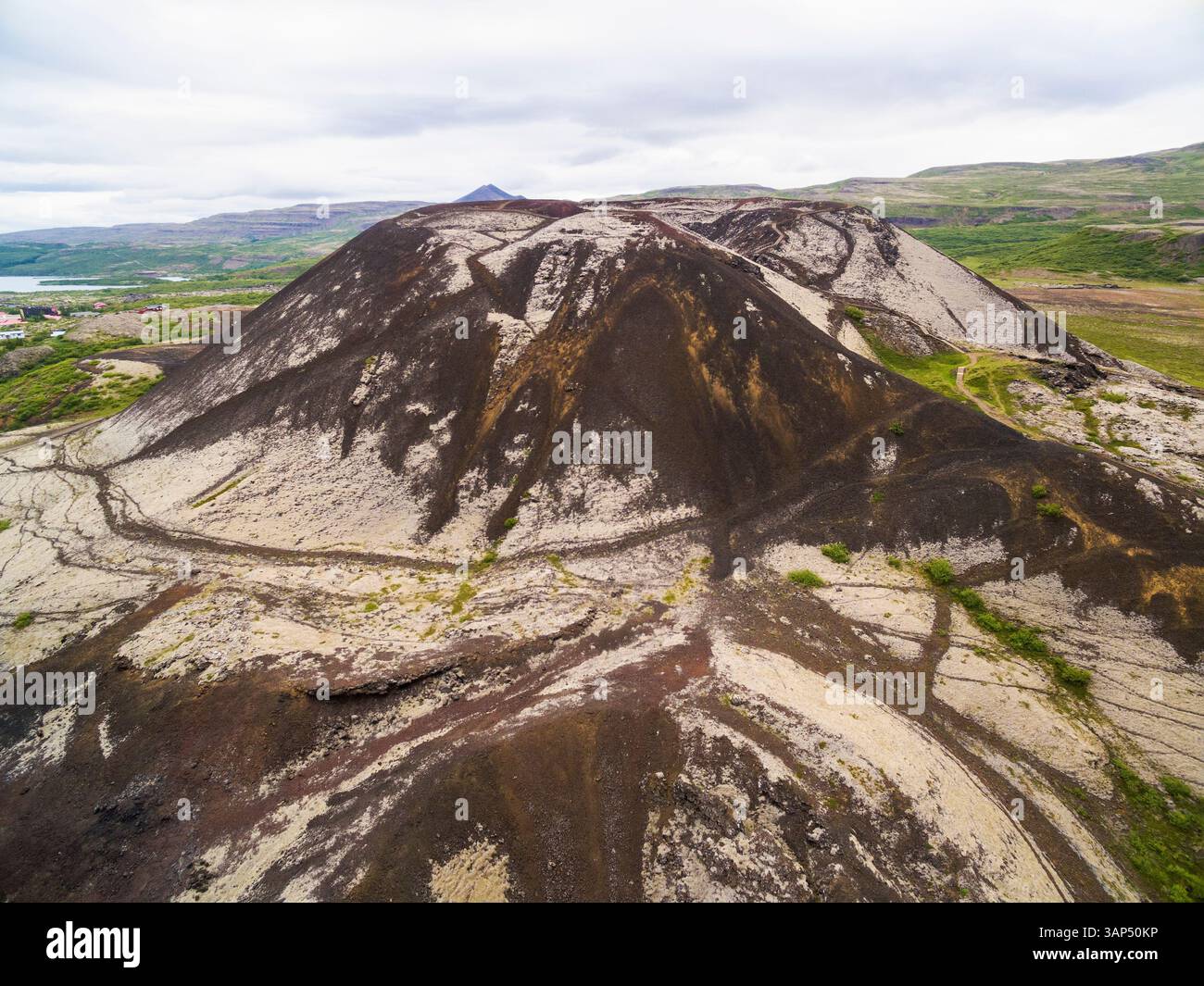 Aerial view of Grabrok volcano crater, Bifrost, Vesturland, Iceland ...