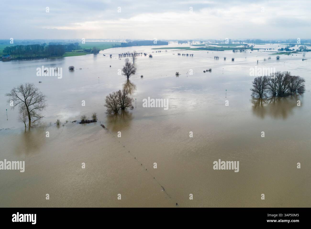 Aerial view of flooded floodplains with trees during high water in ...