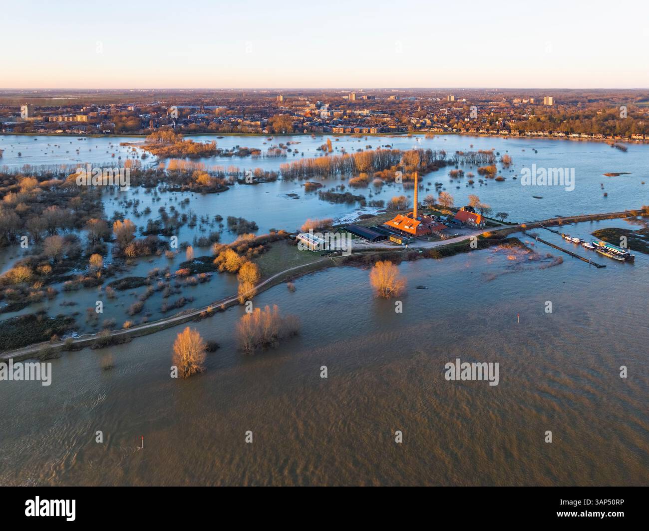 Aerial view of flooded floodplains during high water in river Nederrijn ...