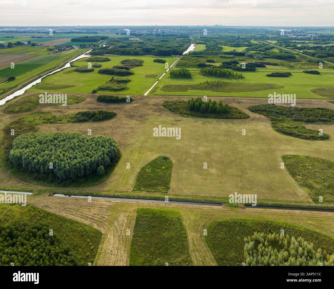 Aerial view of pieces of forest and grassland in the playfully laid out ...