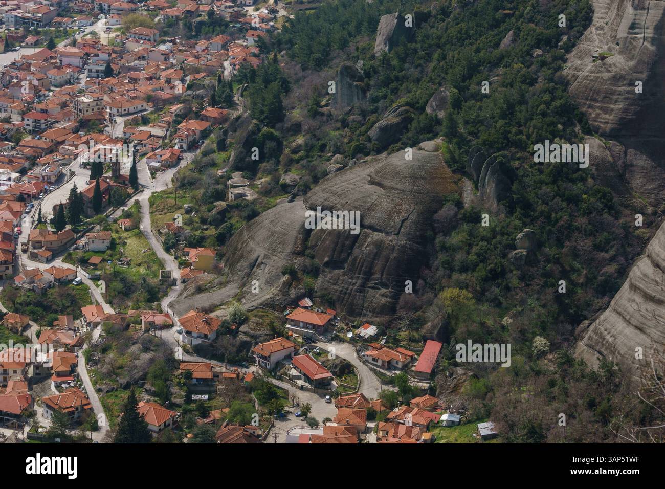 Detail view of landscape of famous Meteora rock formations down to the ...