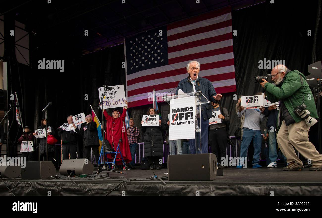 Democratic Massachusetts Senator Ed Markey on stage at Boston City Hall ...