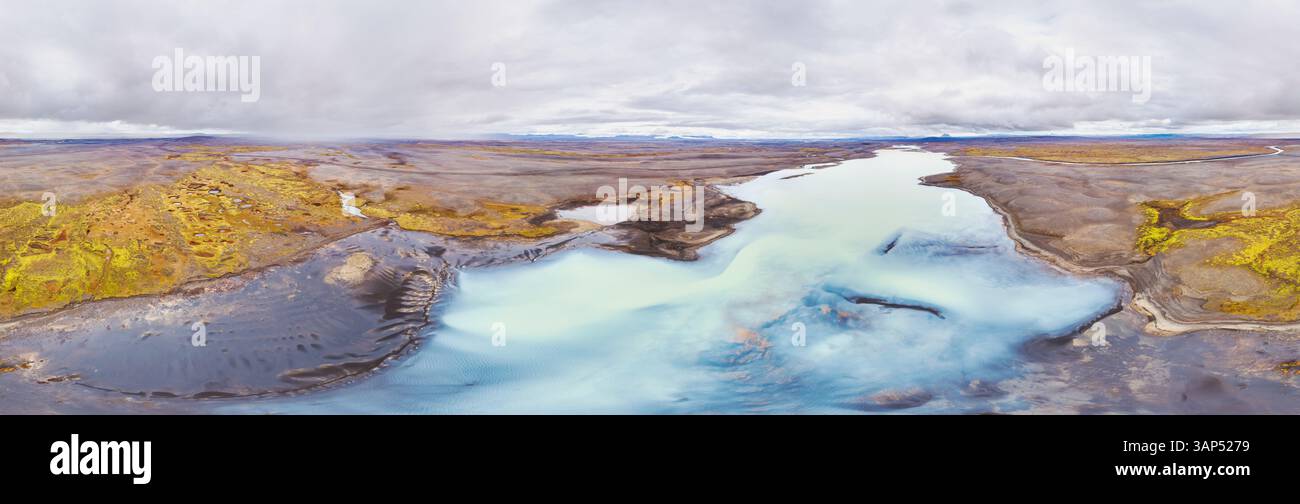 Aerial 360 degrees panorama of lake and colourful land, Sprengisandur ...