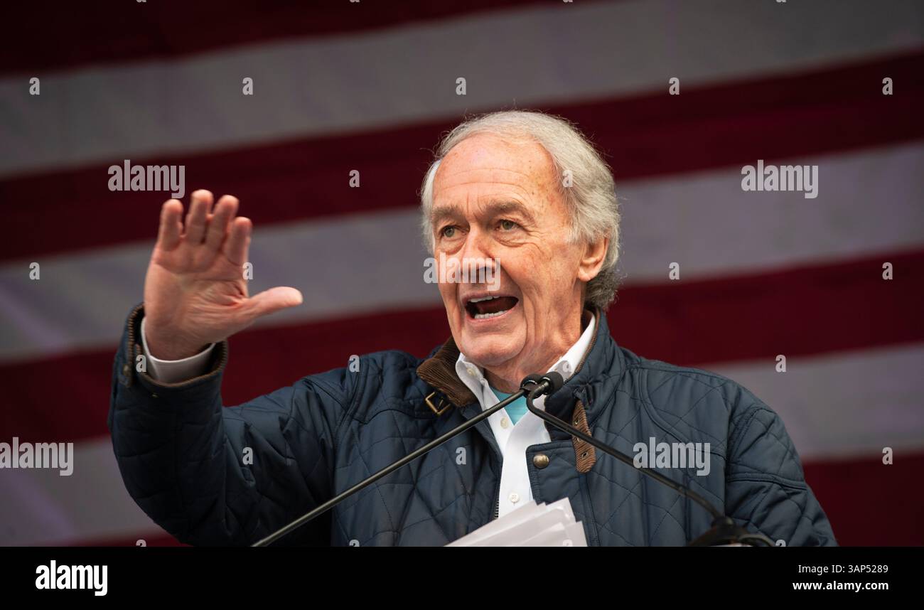 Democratic Massachusetts Senator Ed Markey on stage at Boston City Hall ...