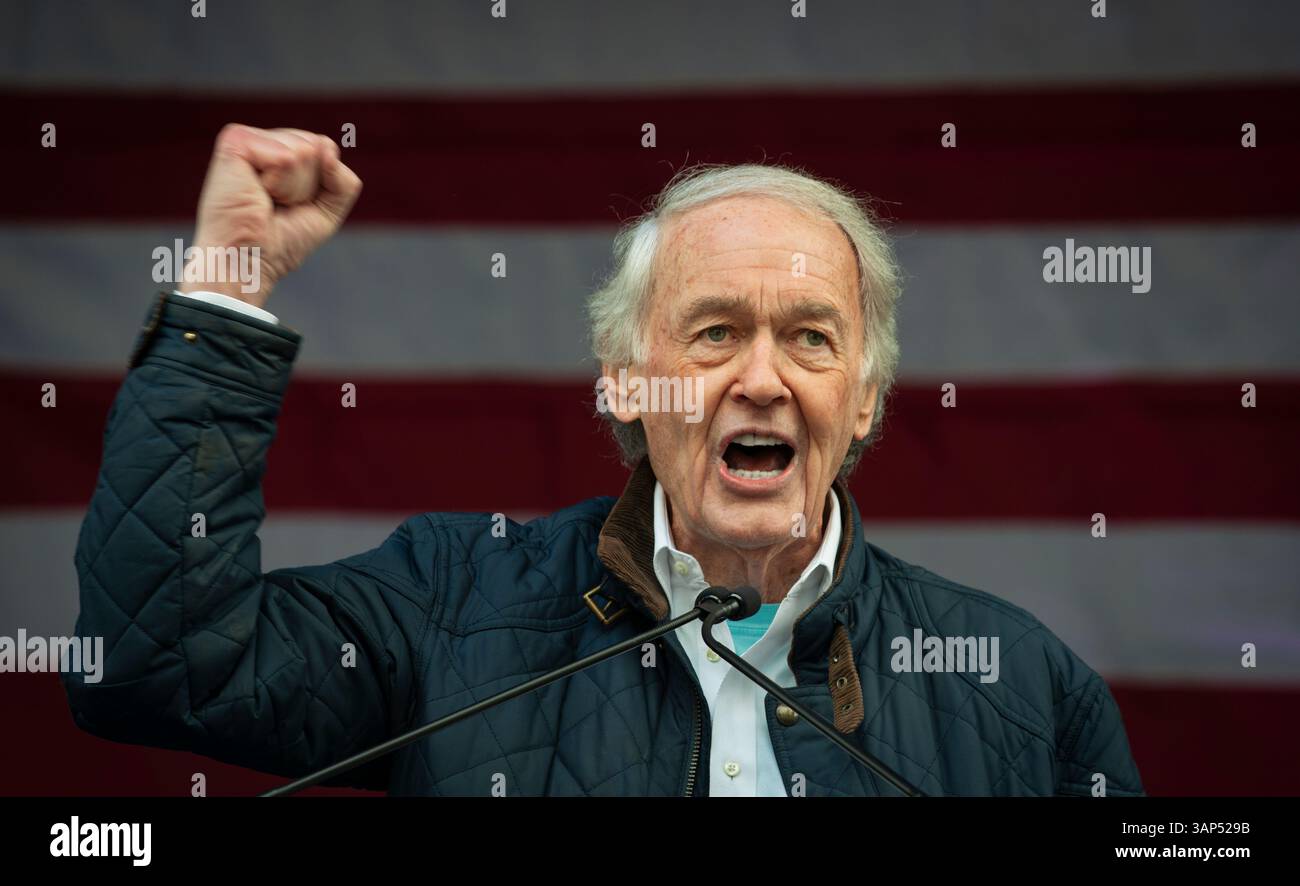 Democratic Massachusetts Senator Ed Markey on stage at Boston City Hall ...
