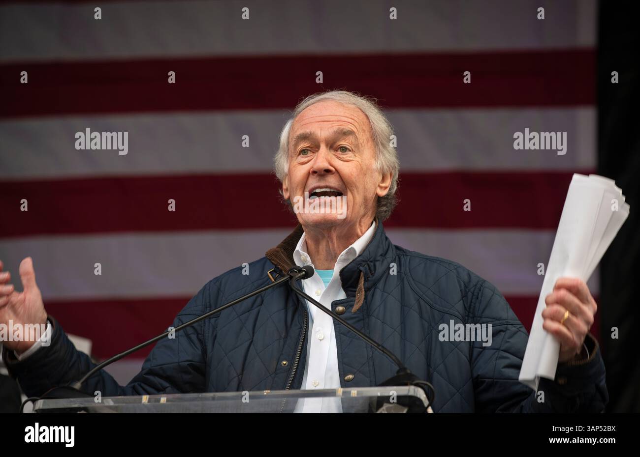 Democratic Massachusetts Senator Ed Markey on stage at Boston City Hall ...