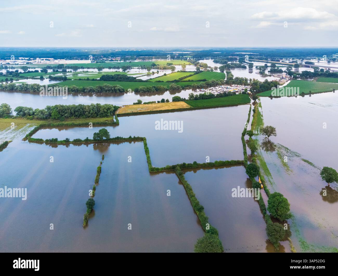 Aerial view of flooded farmland during a high water period in summer on ...