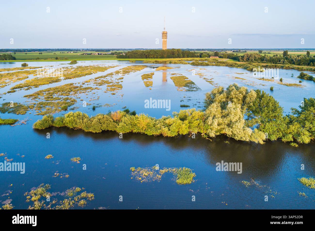 Aerial view of flooded floodplains of river Maas with submerged trees ...