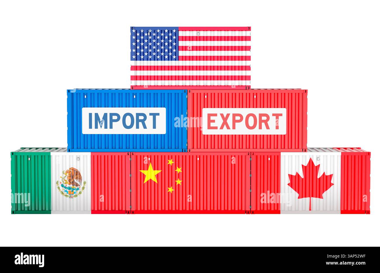 Freight containers stack with the USA, Canadian, Mexican and Chinese ...