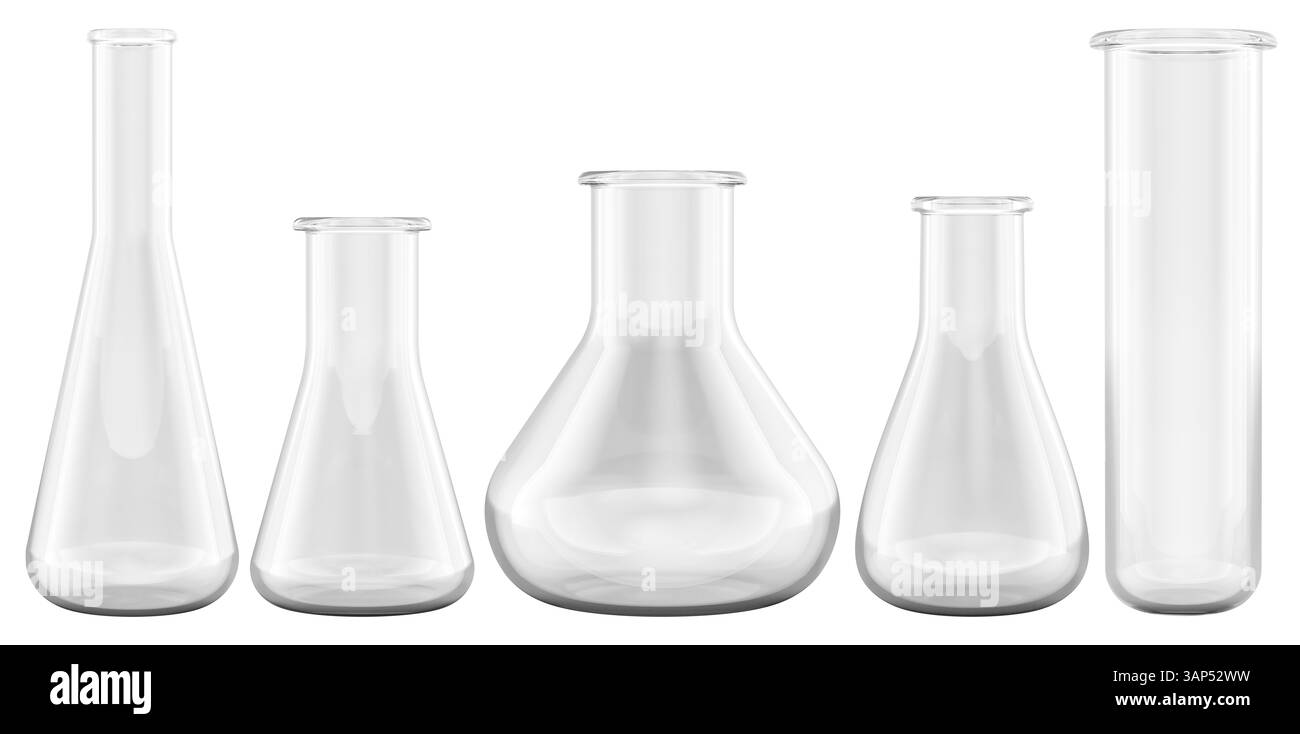 Chemistry laboratory glassware, empty chemical flasks. 3D rendering ...
