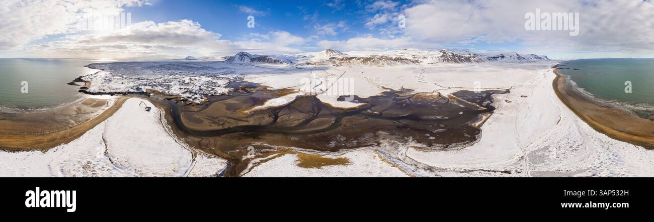 Aerial panoramic 360 degrees view of estuary with sandbanks and beach ...
