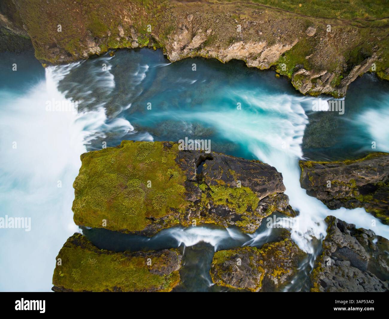 Aerial view of waterfall captured with long exposure, Þingeyjarsveit ...