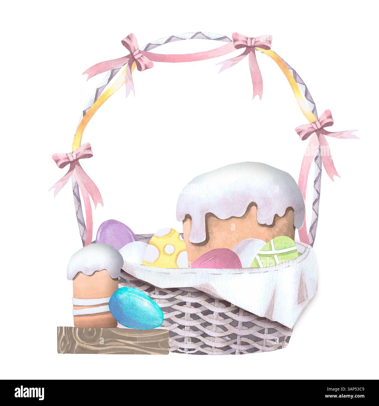 Basket with eggs and Easter cake watercolor illustration isolated on ...