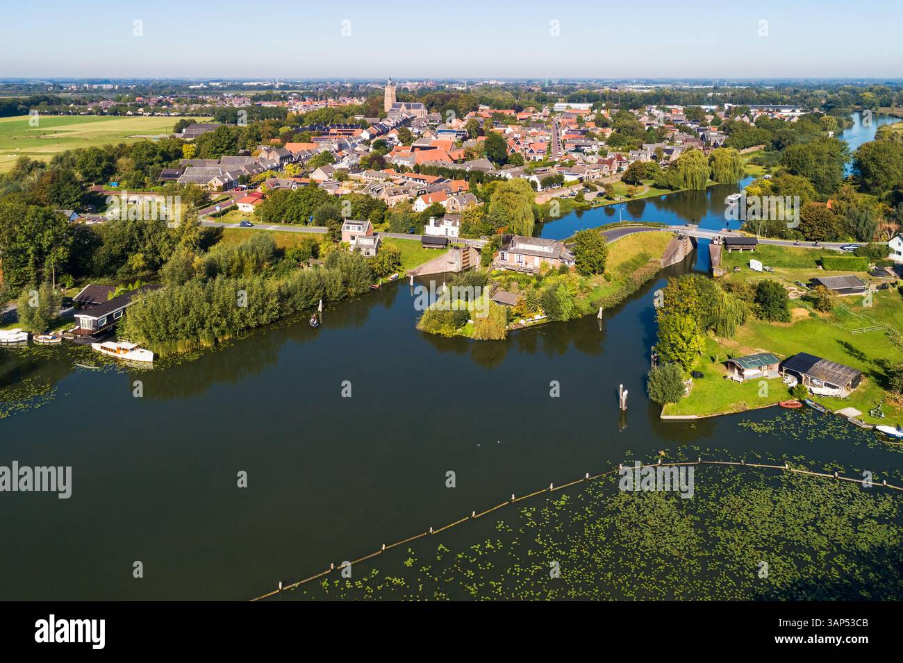 Aerial view of the city of Asperen and the river Linge, West Betuwe ...