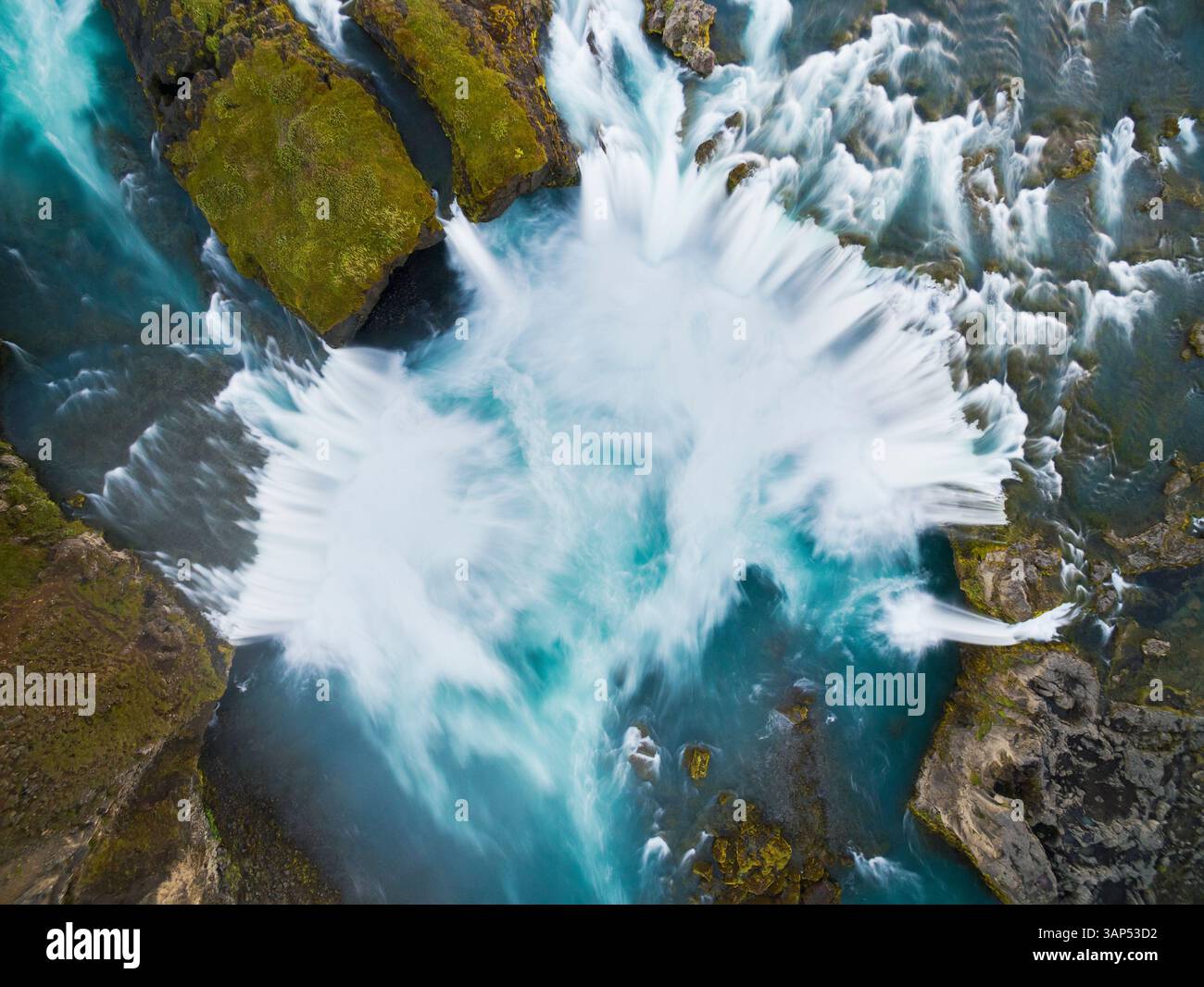 Aerial view of waterfall captured with long exposure, Þingeyjarsveit ...