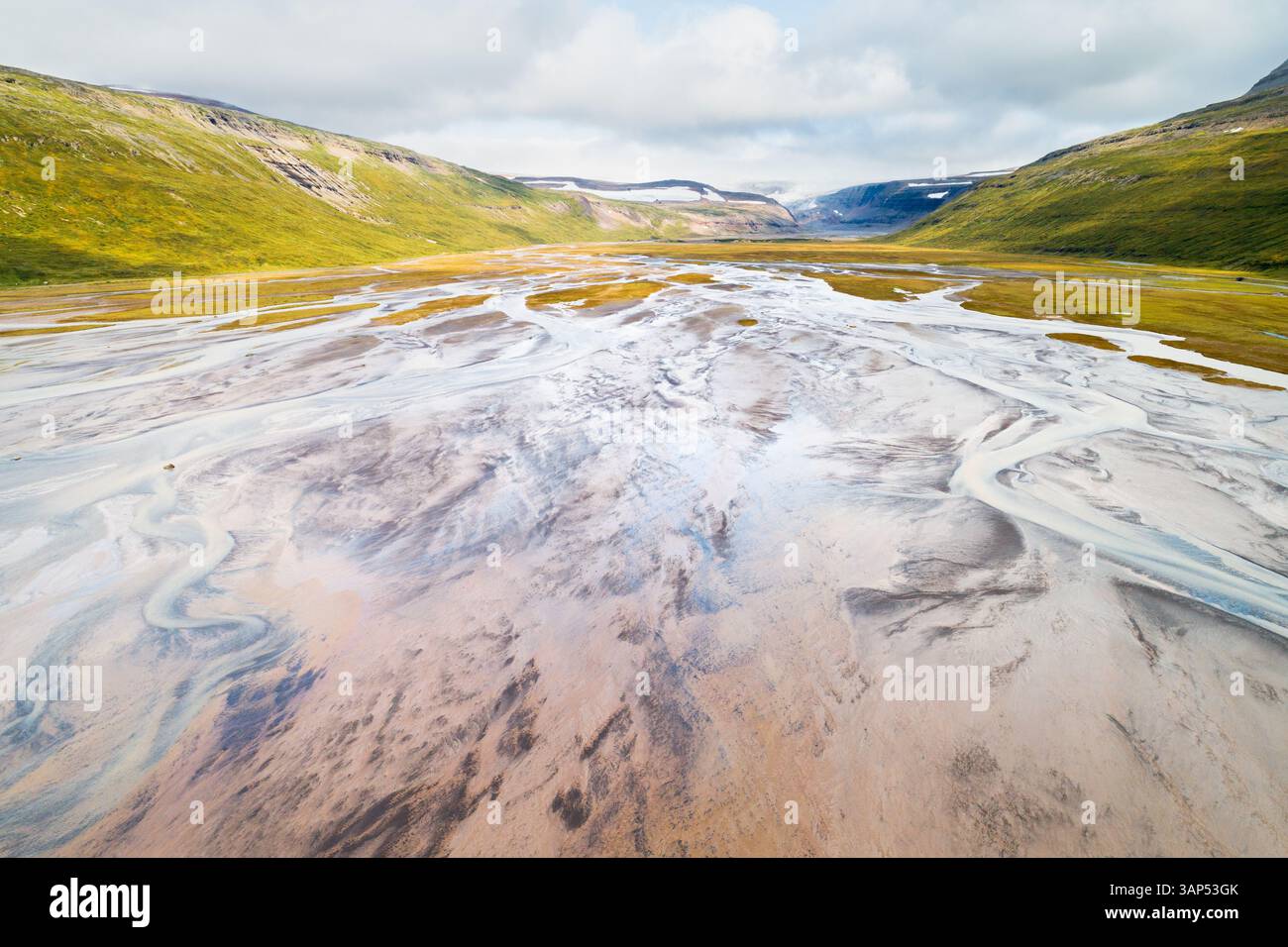 Aerial view of sandbanks in the fjord Kaldalon where water from the ...