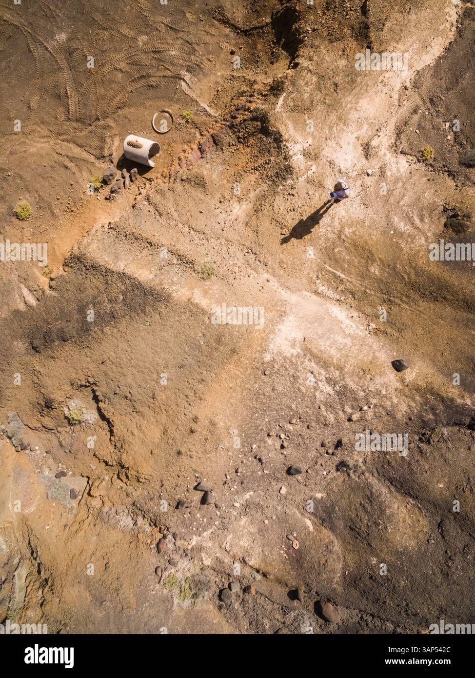 Aerial selfie of a man in a volcanic landscape in Fuerteventura, Canary ...