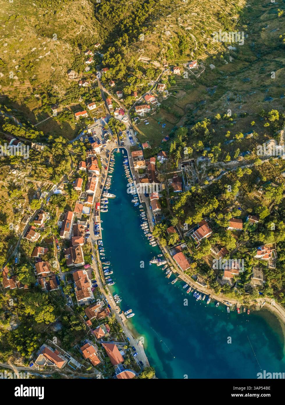 Aerial view of boats in harbour in Bobovisce town, Brac island, Croatia ...