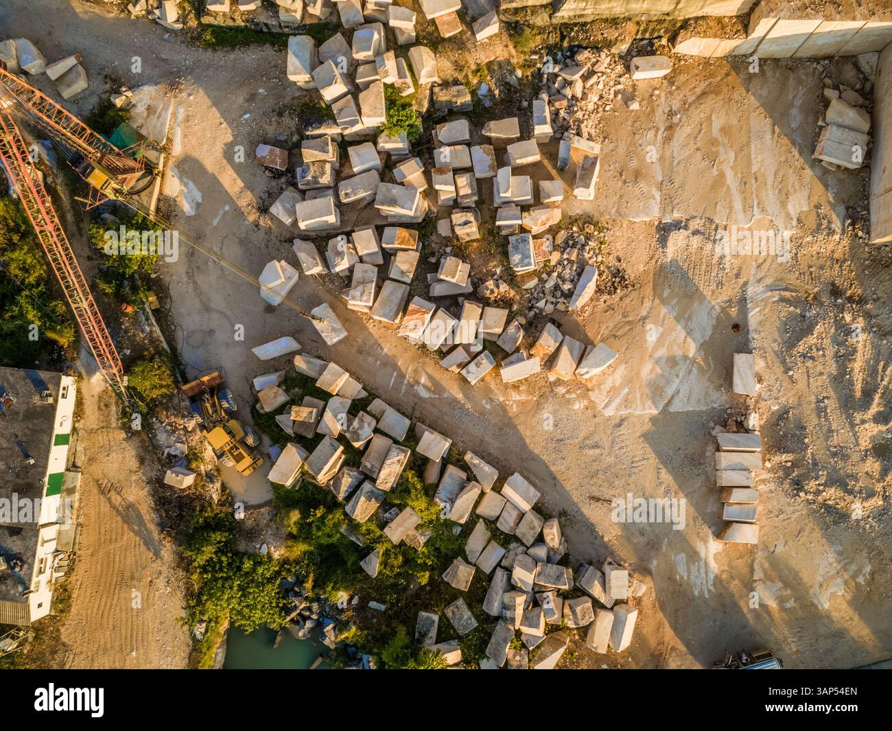 Aerial view of quarry with crane and Brac stone, Brac island Croatia ...