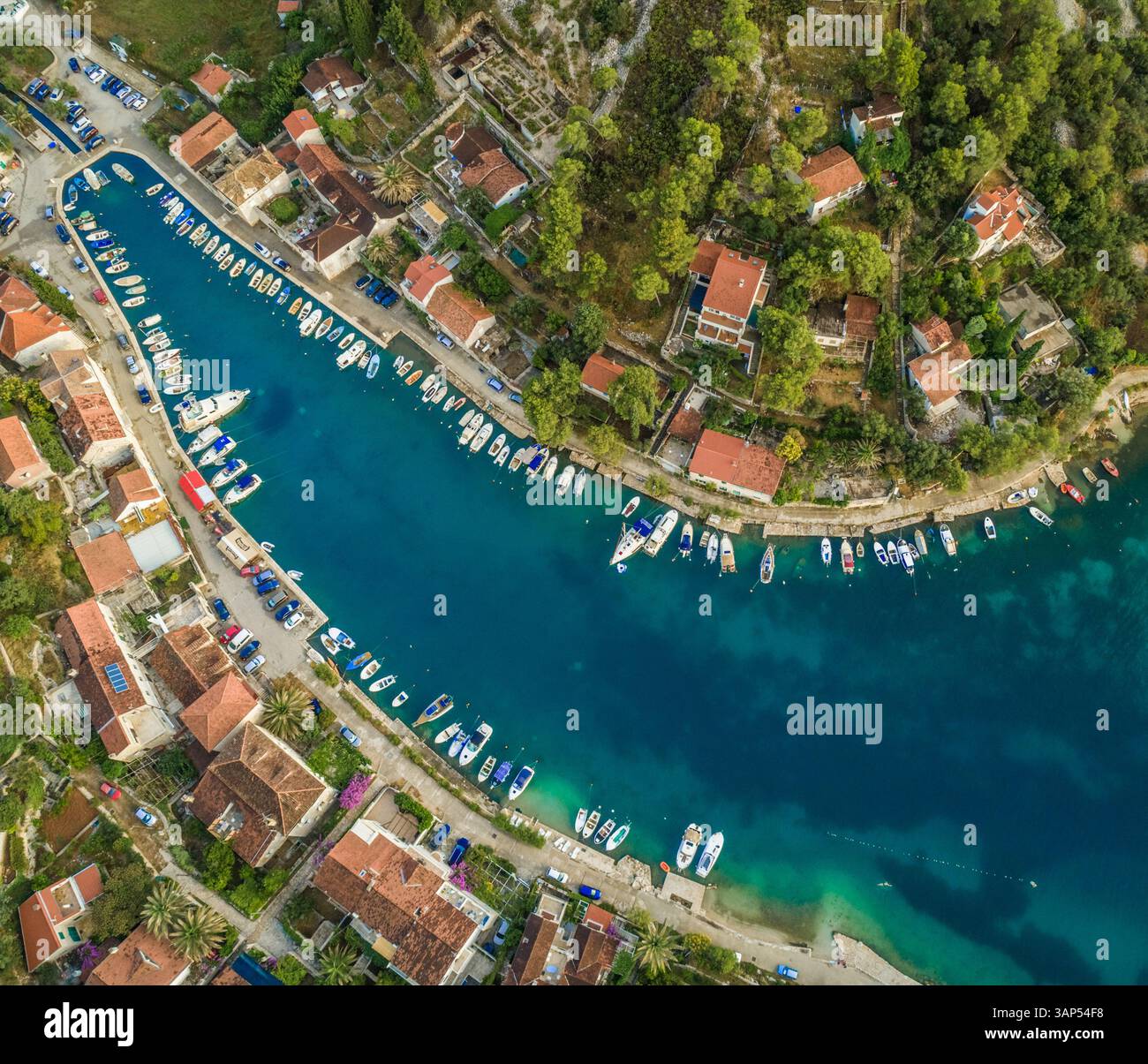 Aerial view of boats in harbour in Bobovisce town, Brac island, Croatia ...