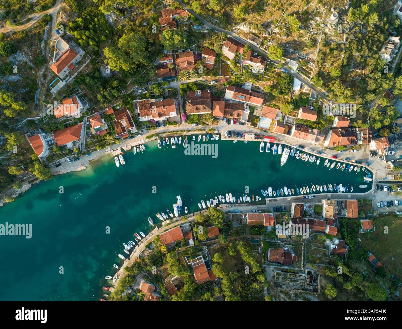 Aerial view of boats in harbour in Bobovisce town, Brac island, Croatia ...