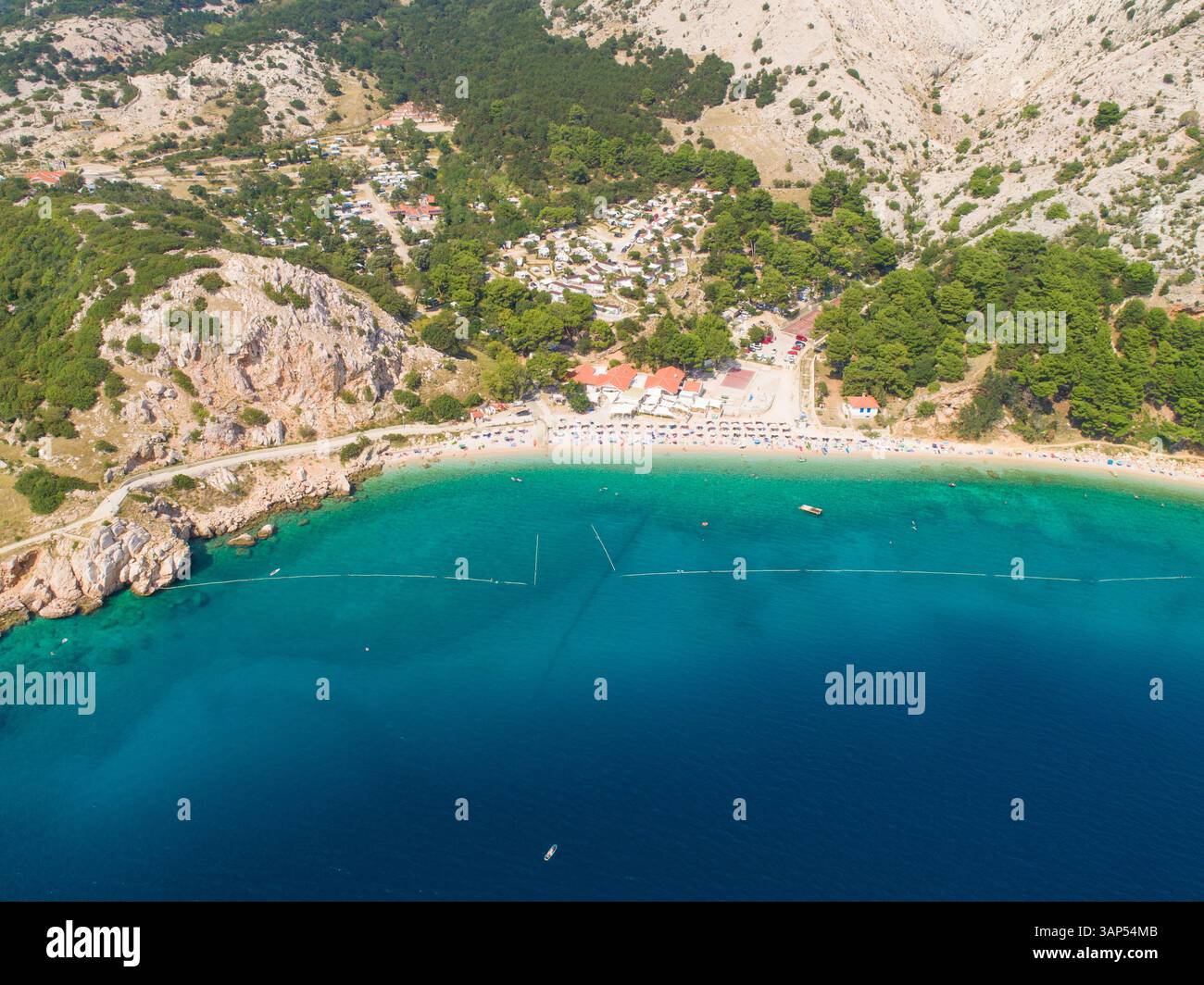 Aerial view of Mali raj naturist beach shore in Baska, Krk island ...